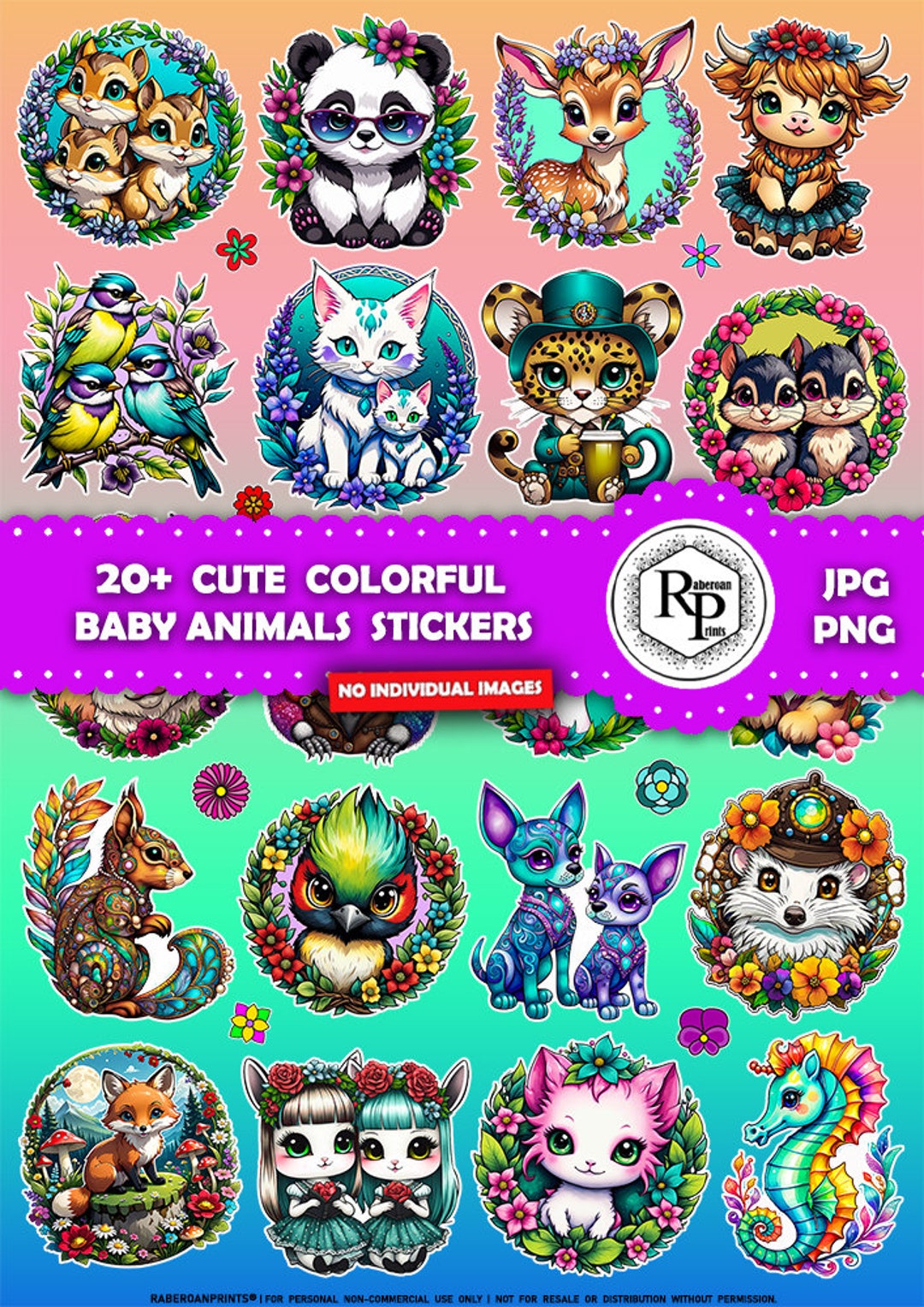 Bestseller**** Adorable Colorful Chibi Baby Animals ONE (1) Stickers ...