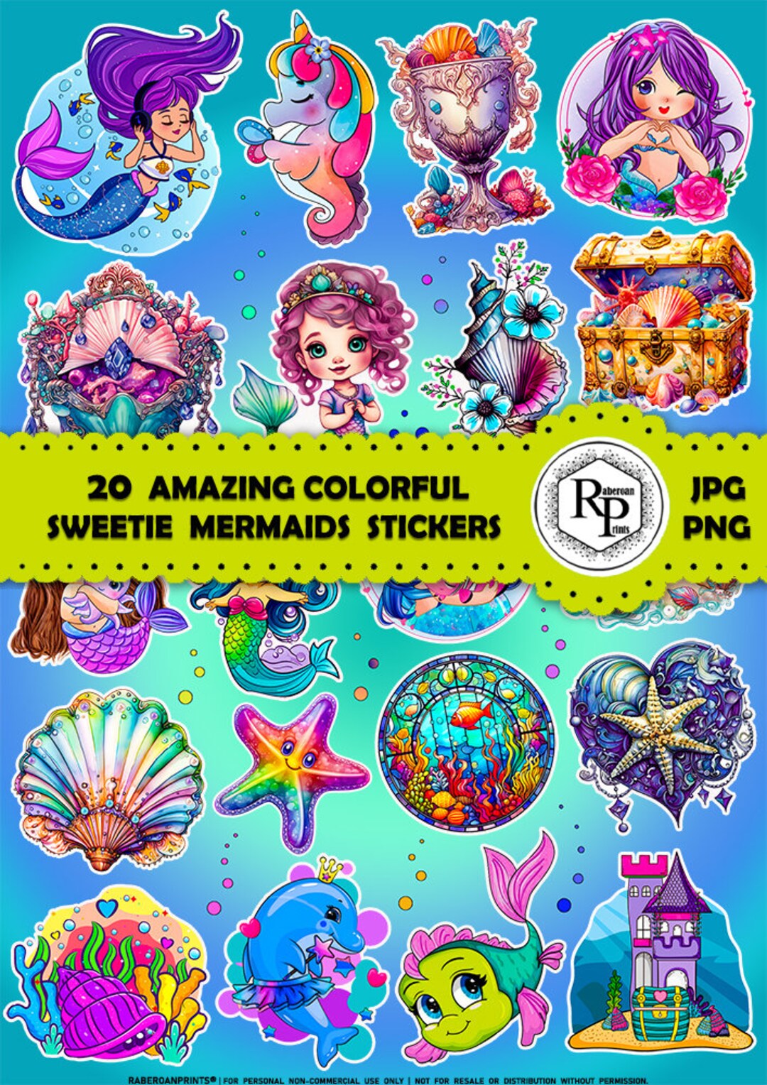 Adorable Colorful Sweetie Mermaids ONE (1) Stickers Sheet - PNG, JPF ...