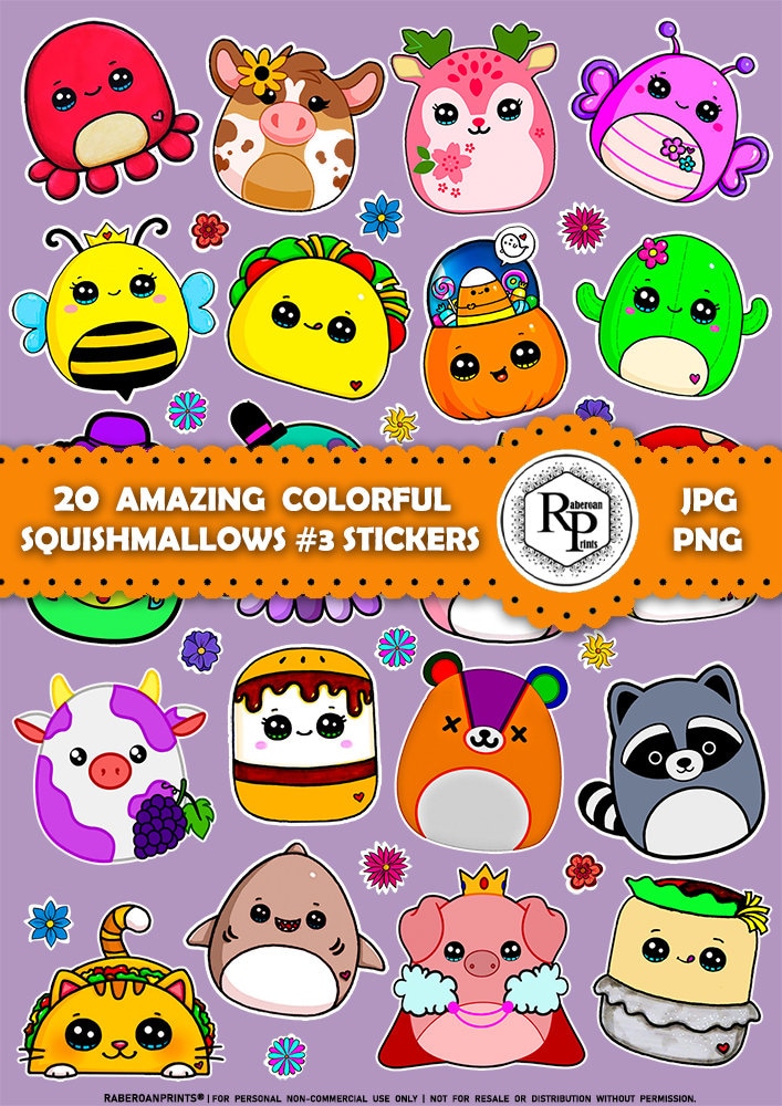 Adorable Squishmallow 3 Stickers Sheet in ONE Page PNG, JPF Plus Free ...