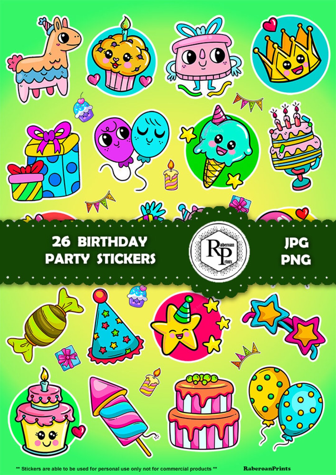 Bestseller*** Colorful Birthday Party ONE (1) Stickers Sheet, PNG,JPF ...