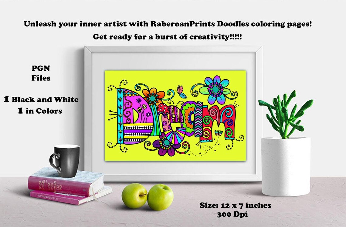 Bestseller*** Doodles Coloring Pages "dream" in PNG. This Offer is ONE ...