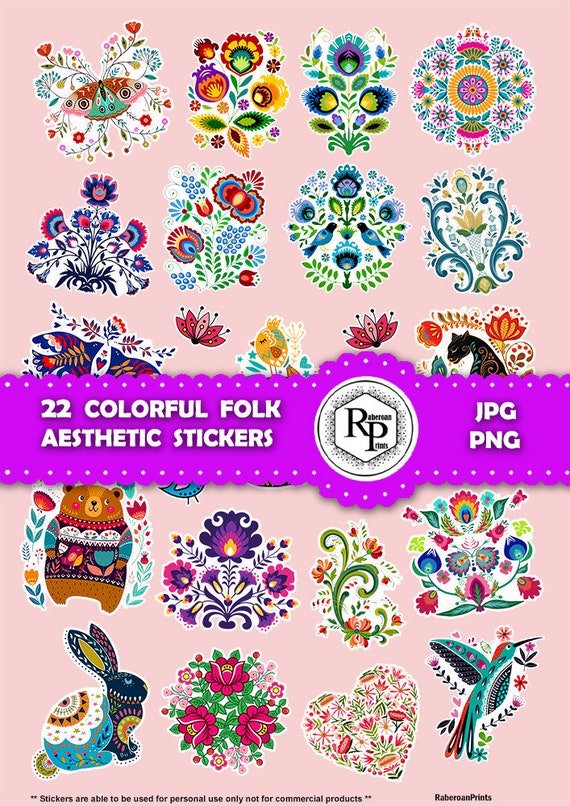 Colorful Folk Stickers Sheet PNGJPF & Gift Box Template - Etsy