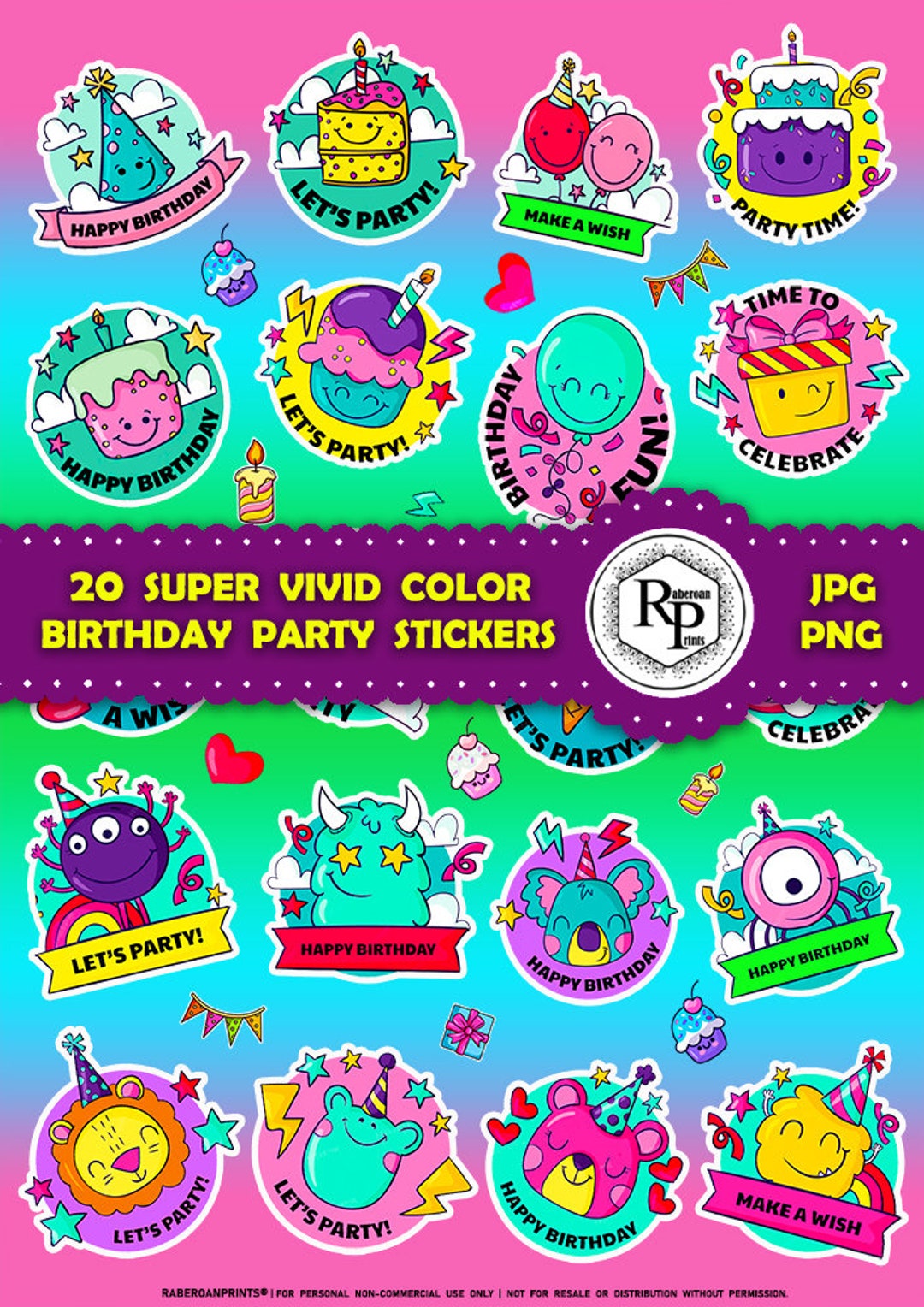 Bestseller*** Colorful Birthday Party #2 ONE (1) Stickers Sheet, PNG ...