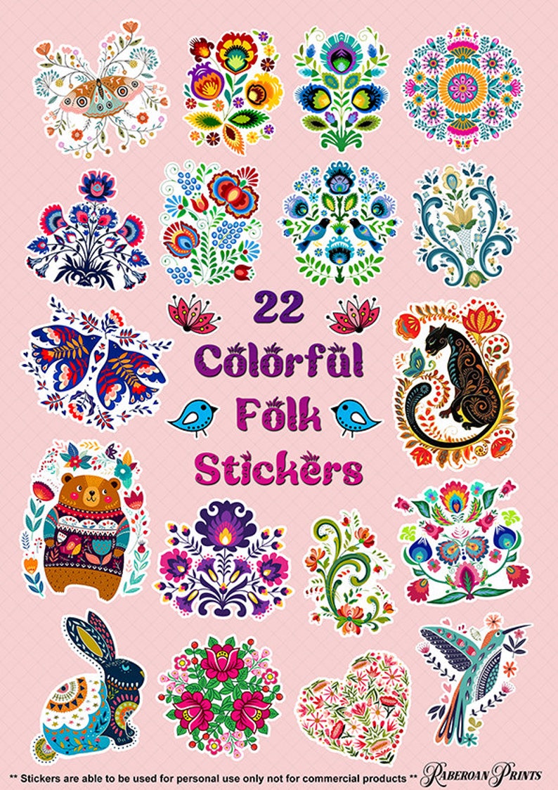 Colorful Folk Stickers Sheet PNGJPF & Gift Box Template - Etsy