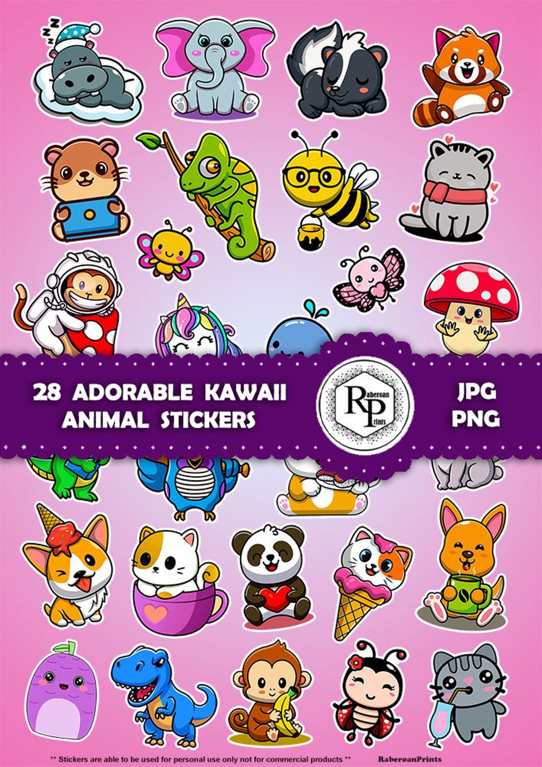 Adorable Kawaii Animal ONE (1) Stickers Sheet PNG/JPG Plus Free ...