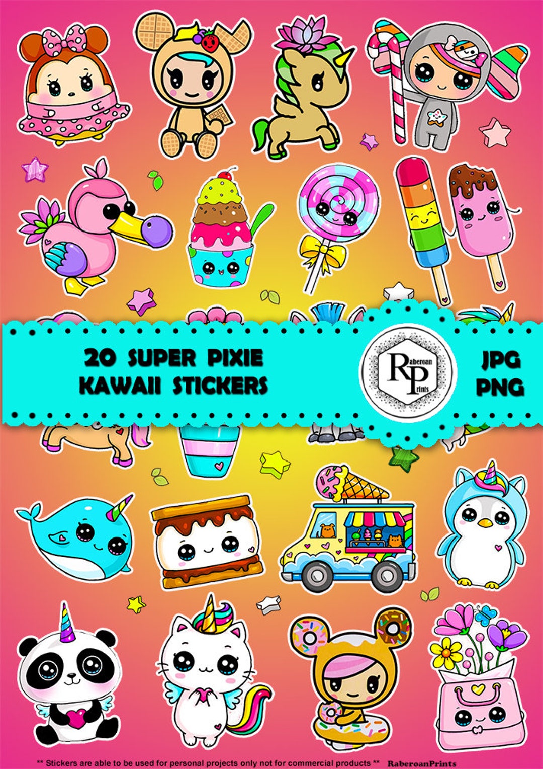 Super Colorful Pixie Kawaii Animal ONE 1 Stickers Sheet PNG, JPG Bundle ...