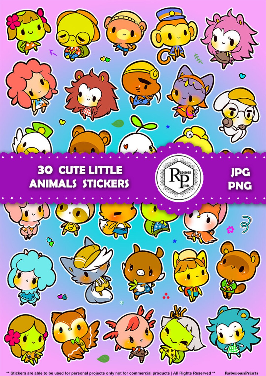 Cute Little Animals ONE (1) Stickers Sheet, Print & Cut - PNG, JPF Plus ...