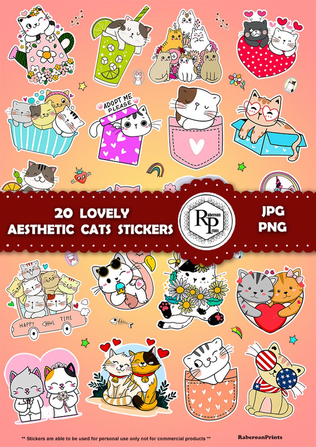 Best Selling*** Lovely Aesthetic Cats ONE (1) Stickers Sheet - PNG, JPG ...