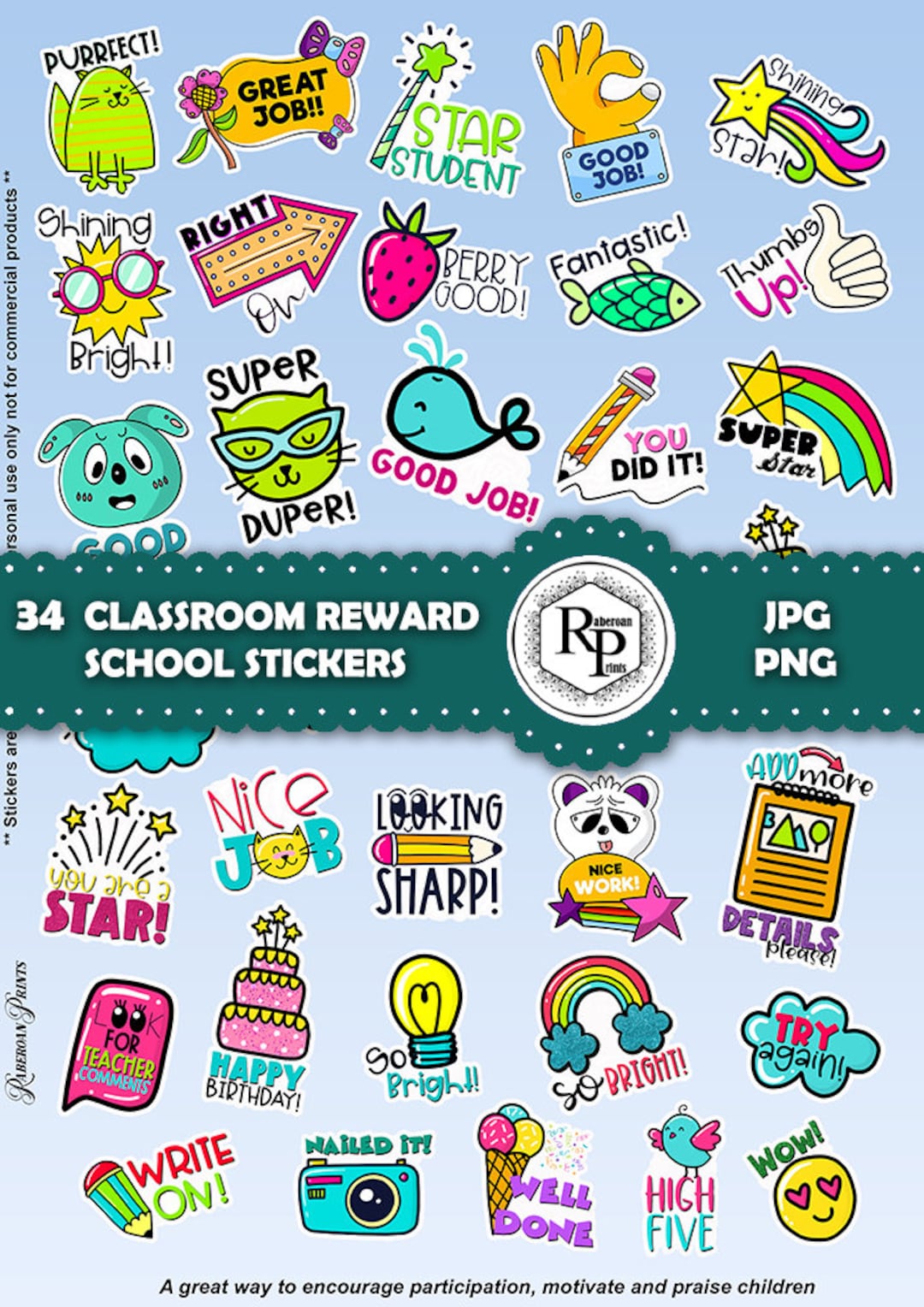 Bestseller** Classroom/school Reward ONE (1) Stickers Sheet PNG/JPG ...