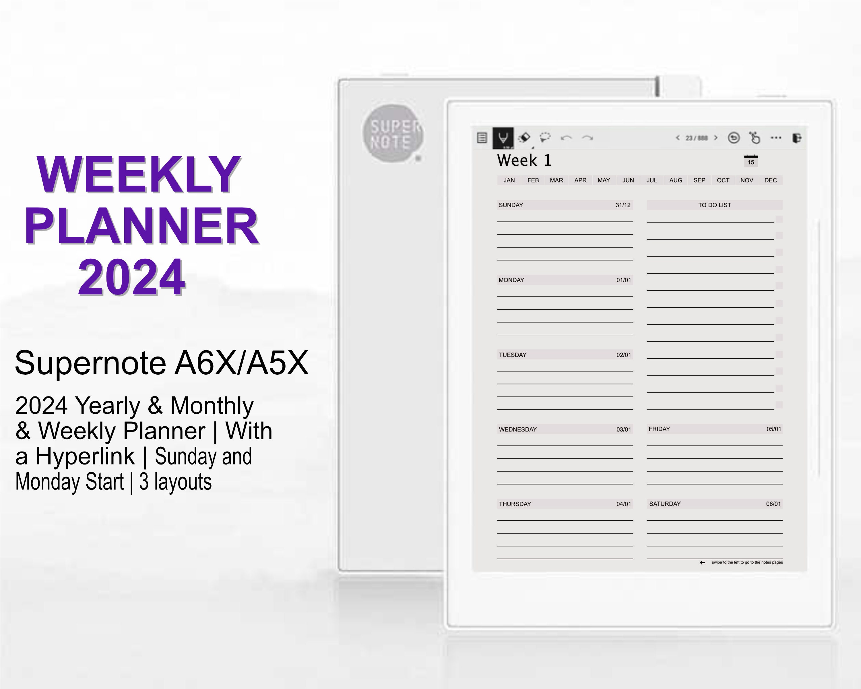 Supernote A6/a6x 2024 Weekly Planner, Supernote A5/a5x Templates ...