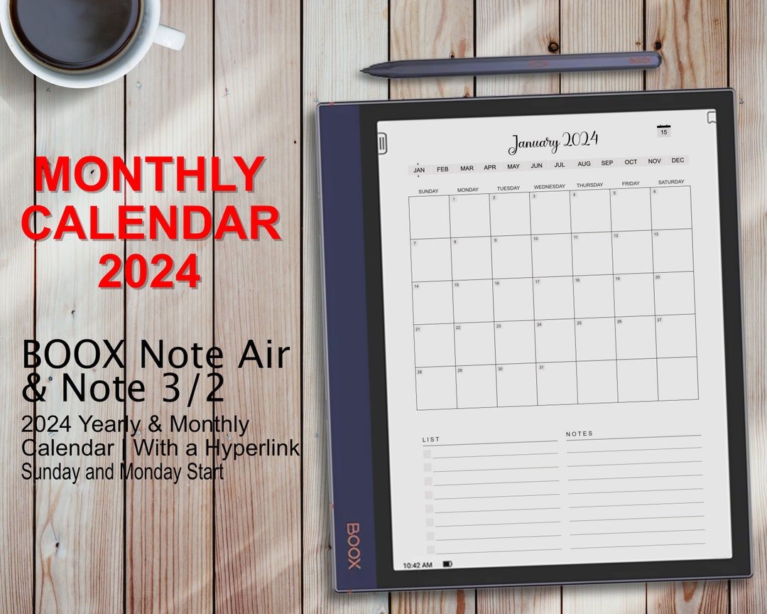 Boox Note Air Templates 2024 Yearly & Monthly Calendar, Hyperlinked PDF ...