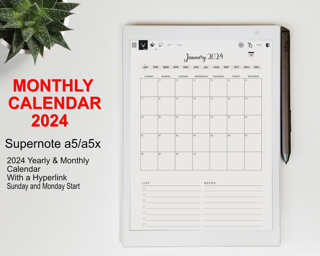 Supernote Templates 2024 Calendar, Supernote A5 / A5x 2024 Yearly and ...