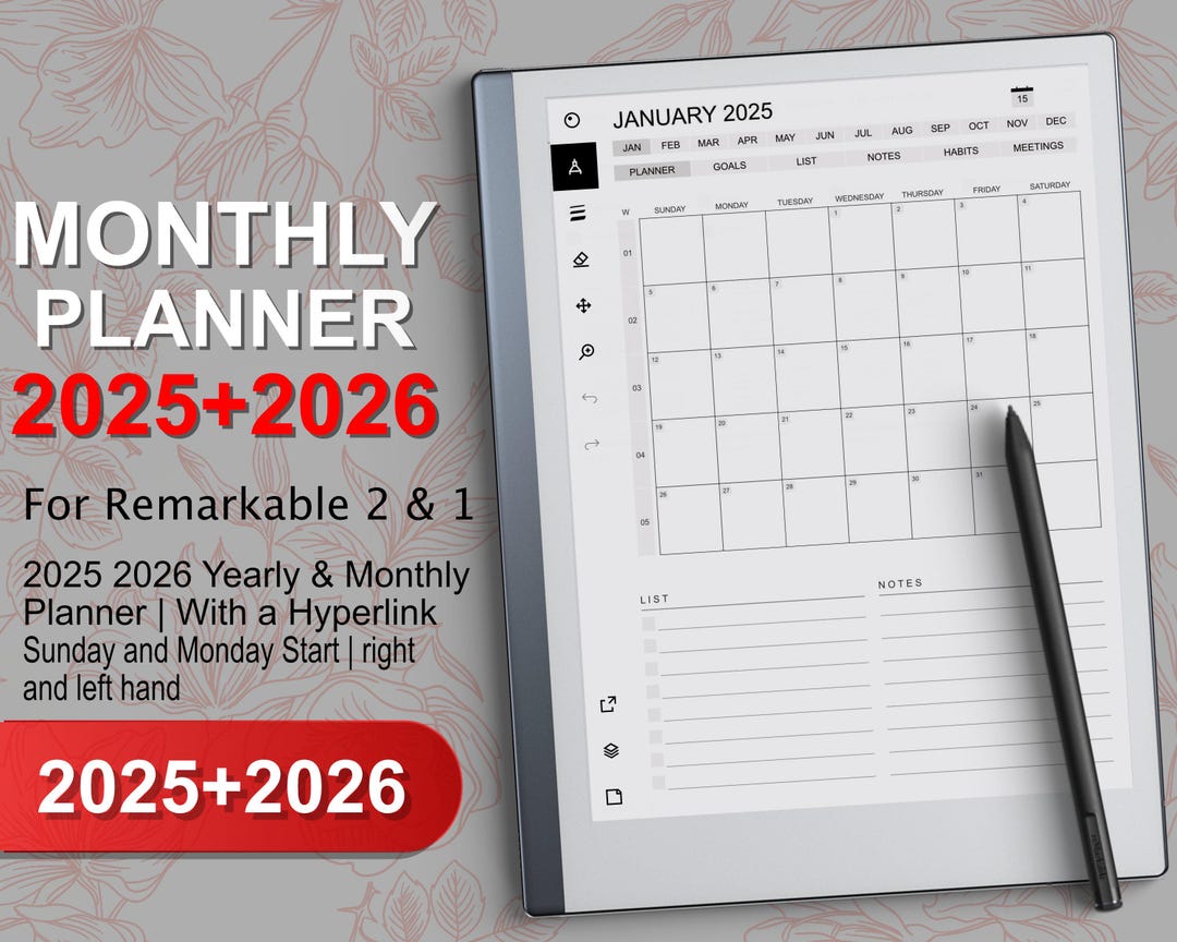 Monthly Planner for Remarkable 2, 1 and Paper Pro, 2026 Yearly ...