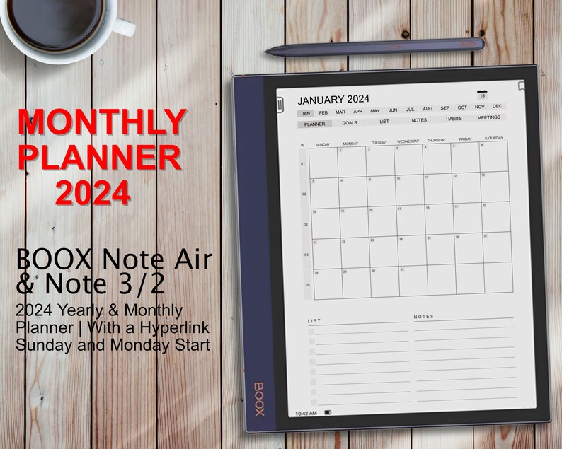 Boox Note Air Digital Planner 2024, Boox Note Air Templates 2024 Yearly ...