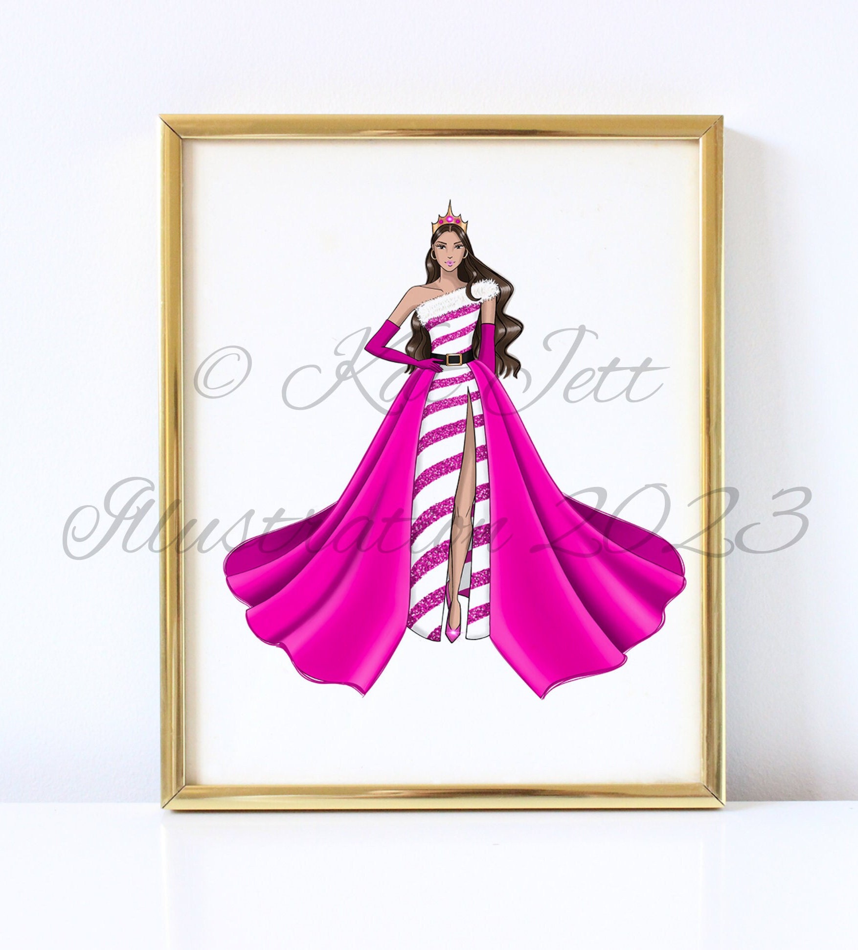 Pink Holiday Queen choose Your Skin and Hair Color Fashion Illustration ...