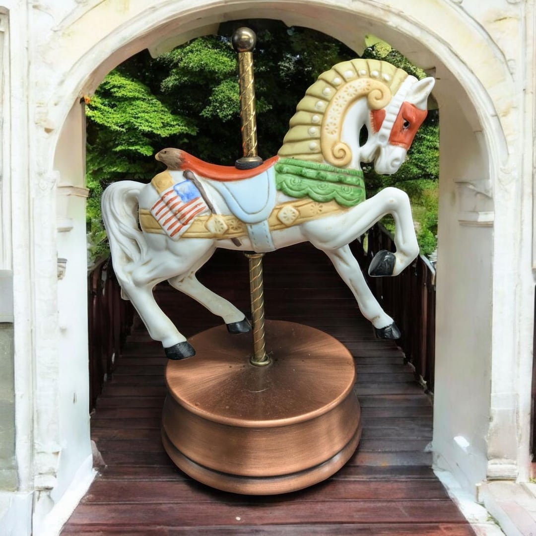Aldon Hand Painted Porcelain Music Box Carousel Horse on a Copper Base ...