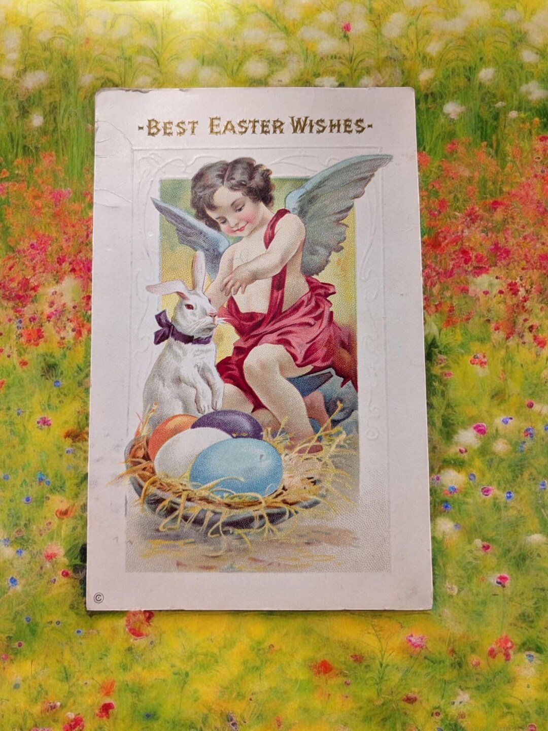Vintage 1900s Embossed Easter Postcard: Angel, Rabbit & Eggs - Etsy