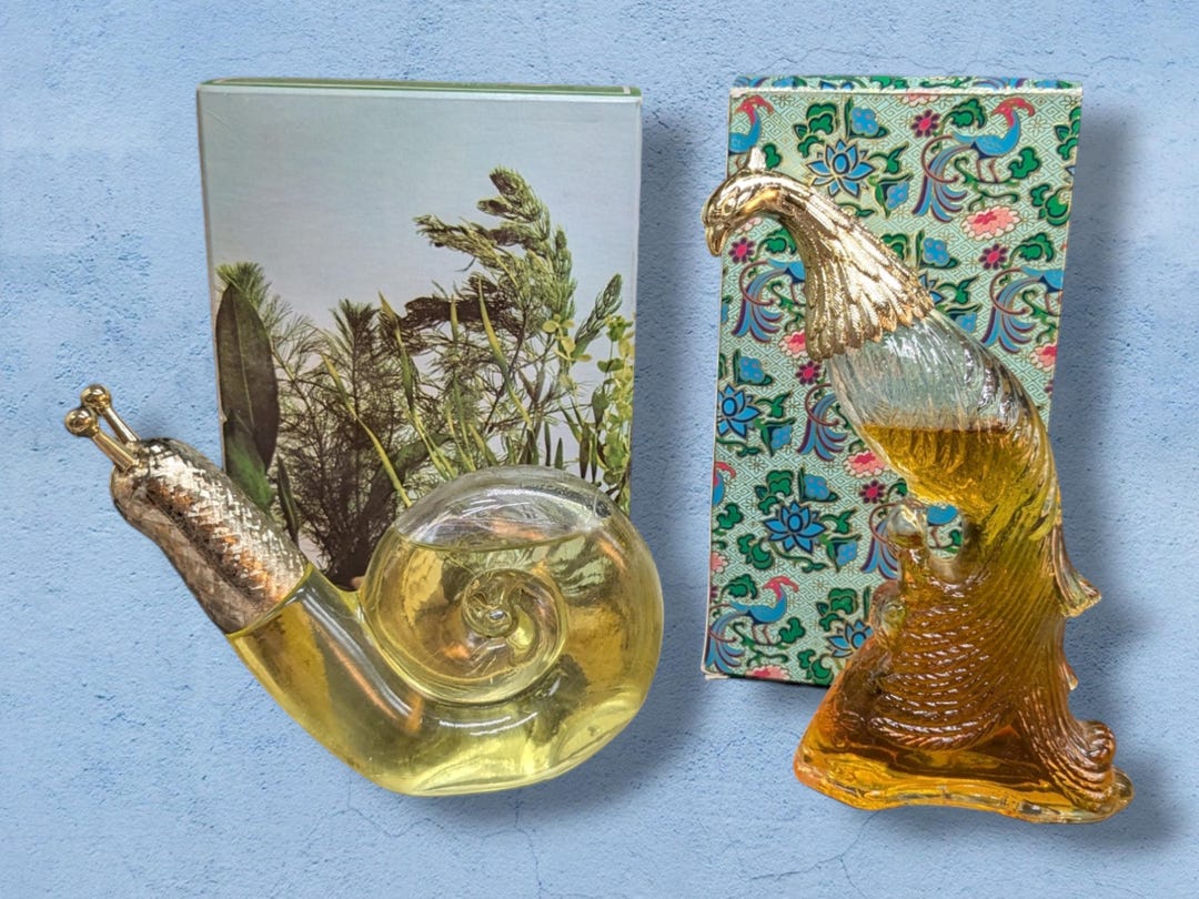 Vintage Avon, Bath Treasure Skin so Soft Snail Decanter and Birds of Paradise Cologne Decanter ...