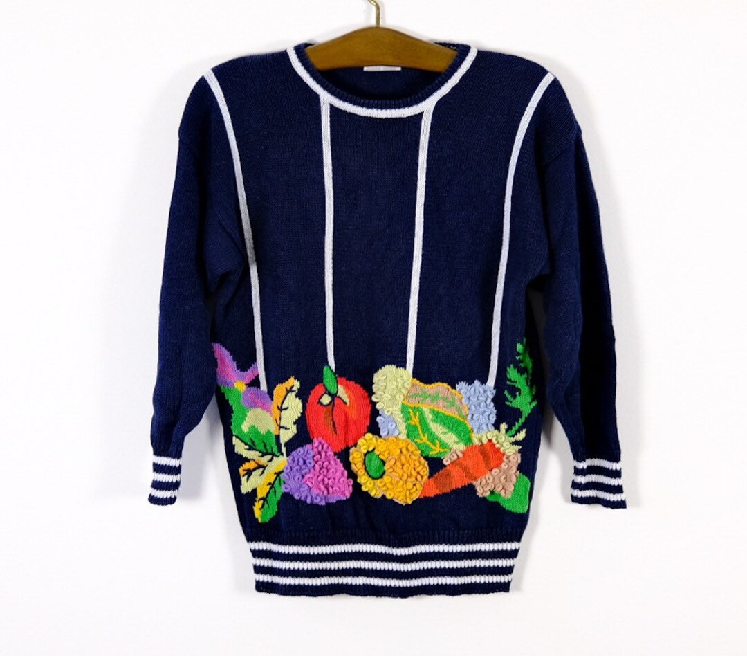 Vintage 3D Embroidered Fruit Sweater / 1980s / Fruit Basket ...