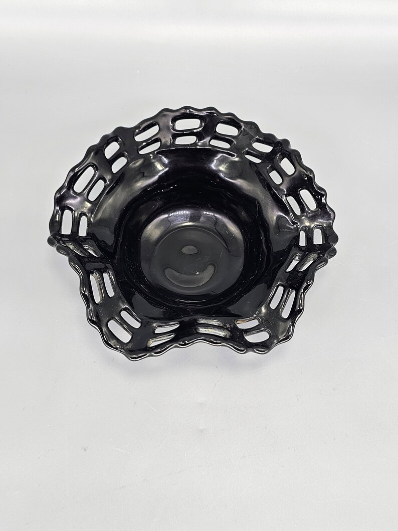 Rare Vintage Fenton Black Basket Weave Ruffled Lattice Edge Glass Bowl ...