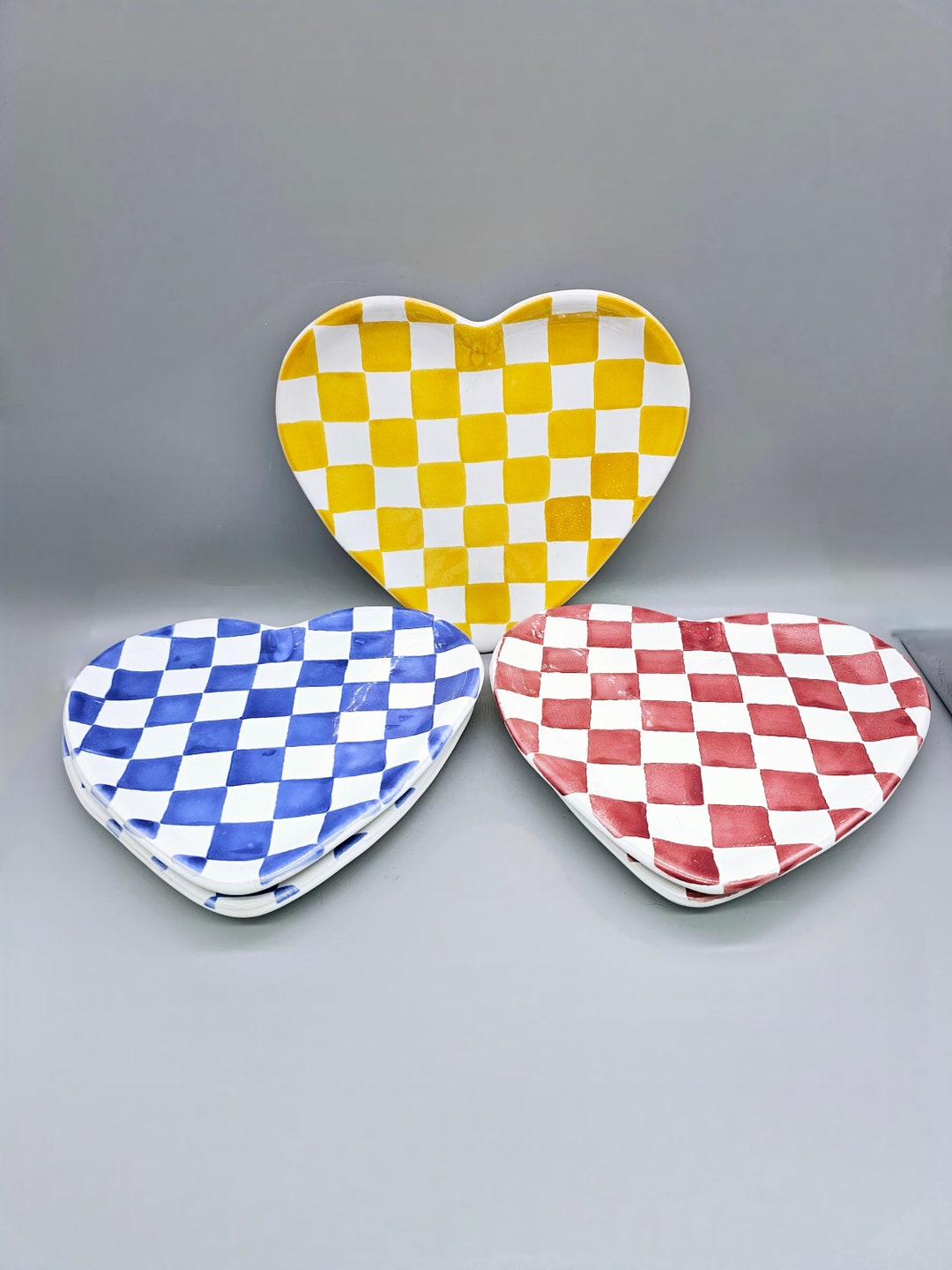 5 Mesa International Heart Plates Blue Pink Yellow Check Handcrafted in ...