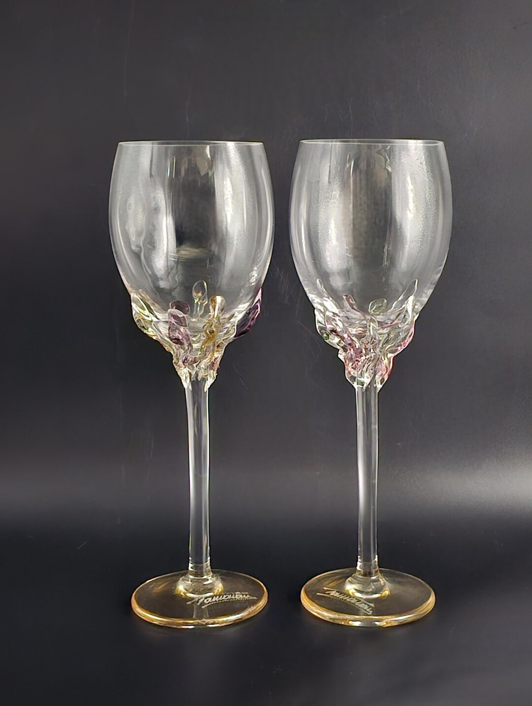 Pair Ion Tamaian Art Glass Hand Blown Multi-colored Wine Glasses 10.5 ...