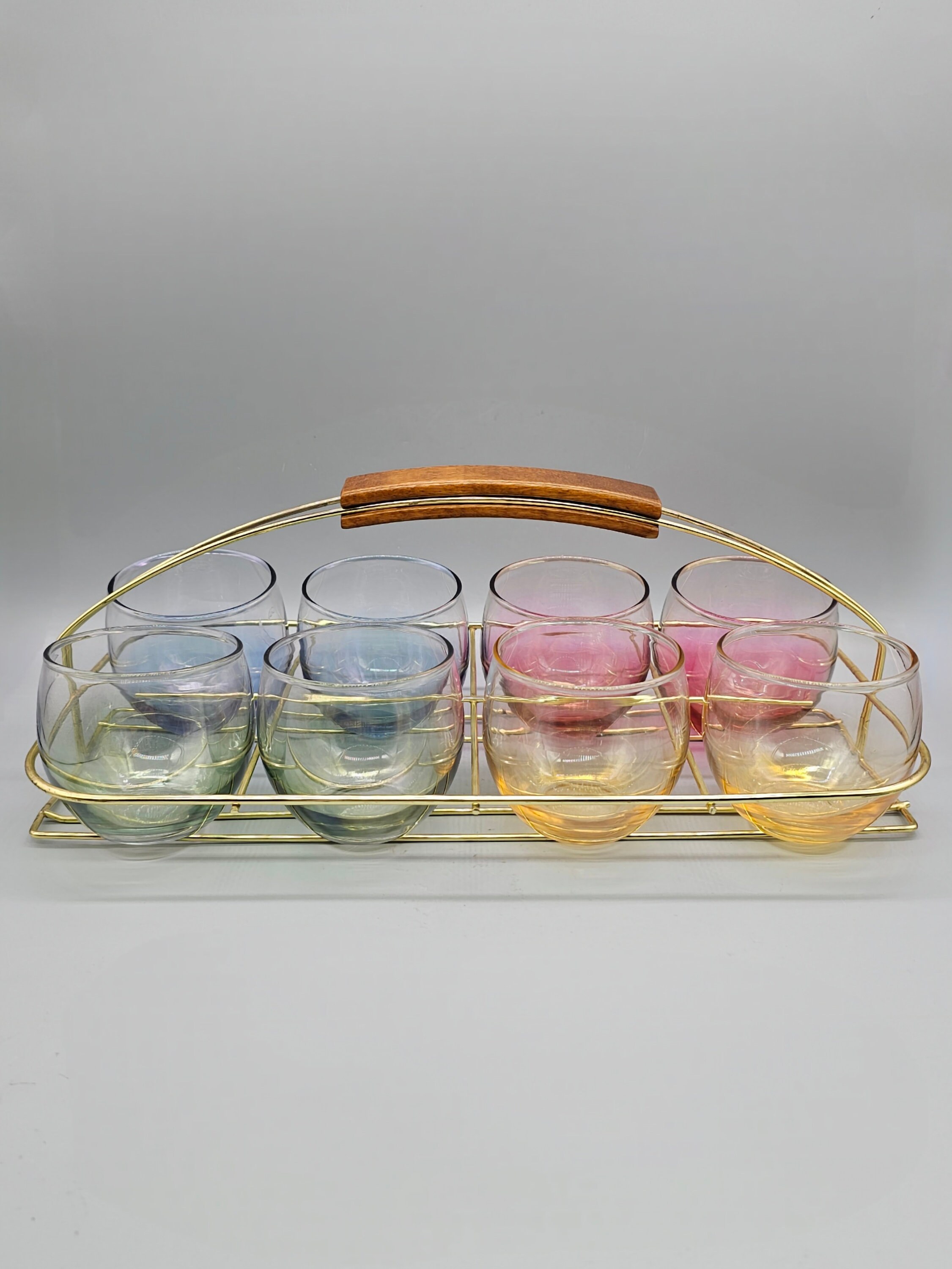 Vintage Federal Glass Over the Rainbow Roly Poly Glasses & Carrier ...
