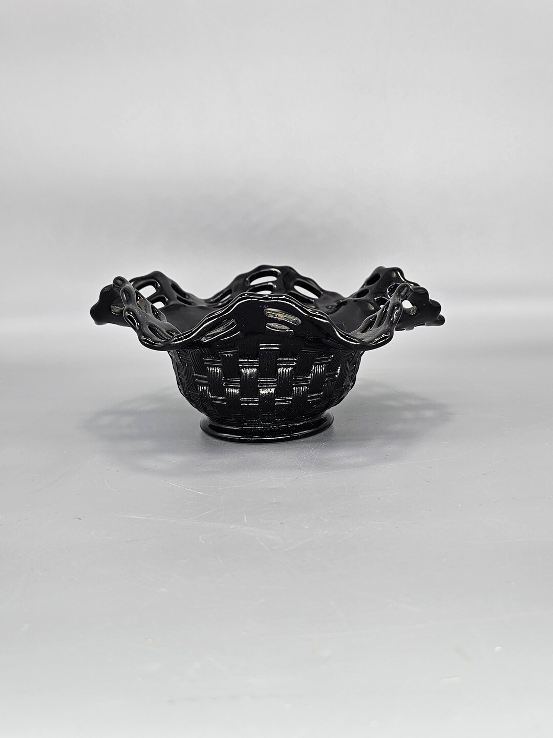 Rare Vintage Fenton Black Basket Weave Ruffled Lattice Edge Glass Bowl ...