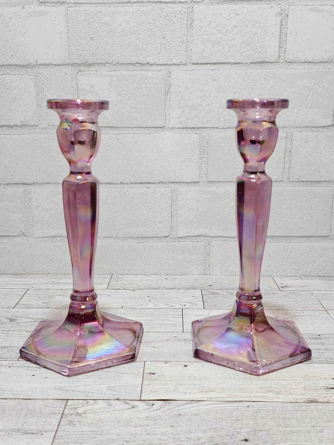 Vintage Fenton Pink Iridescent Colonial Pink Candlestick Holders Pair ...