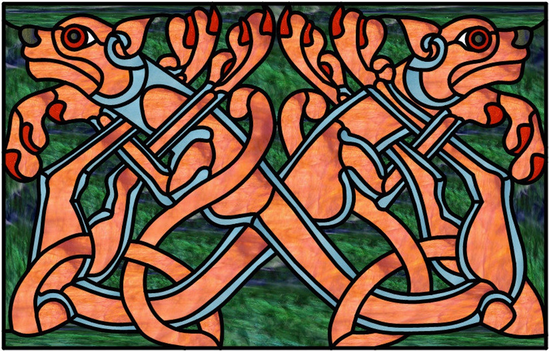 Celtic Dogs Facing Out From Book of Kells Stained Glass Panel Design ...