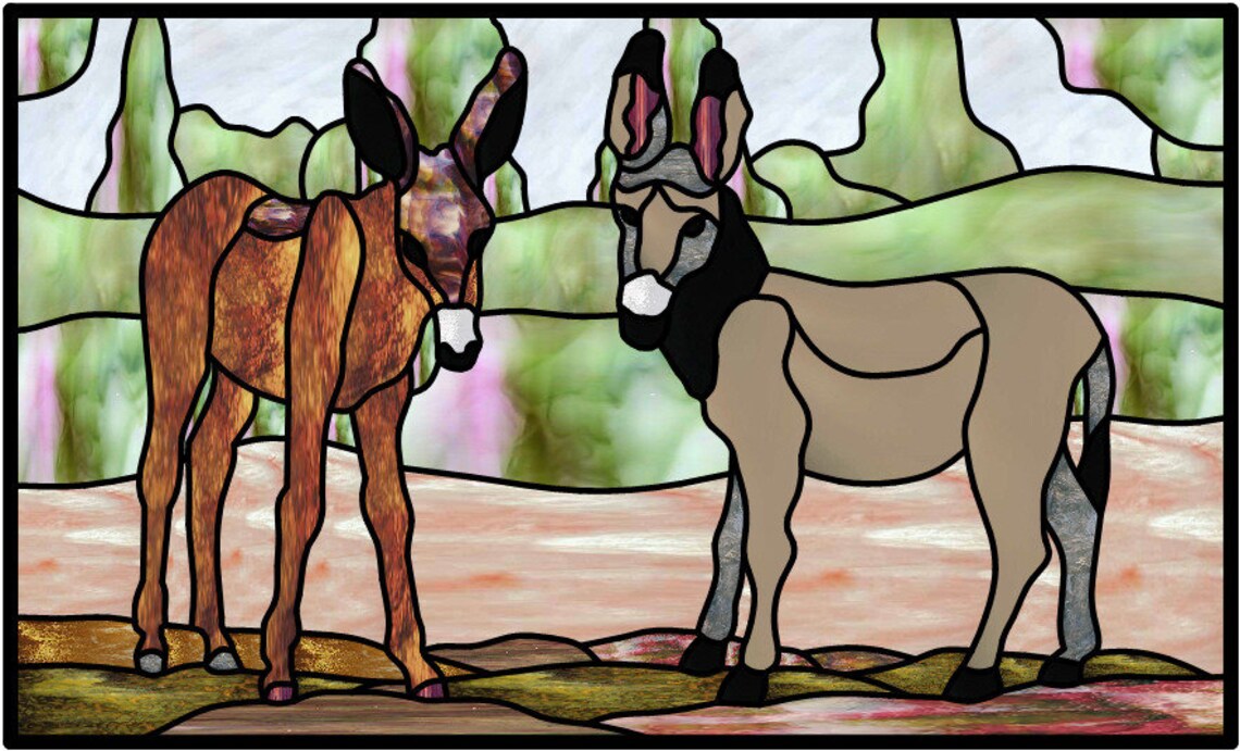 Two Donkeys Stained Glass Panel Design - Etsy