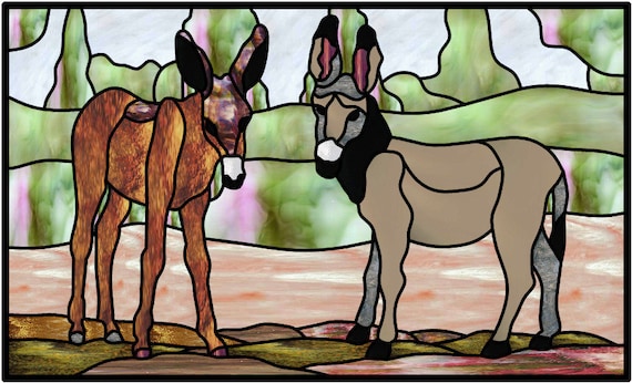 Two Donkeys Stained Glass Panel Design | Etsy