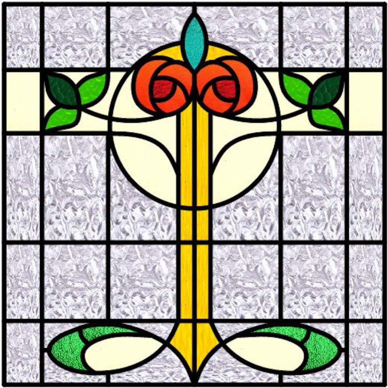 2 Macintosh Roses Stained Glass Arts and Crafts Style Pattern Design ...