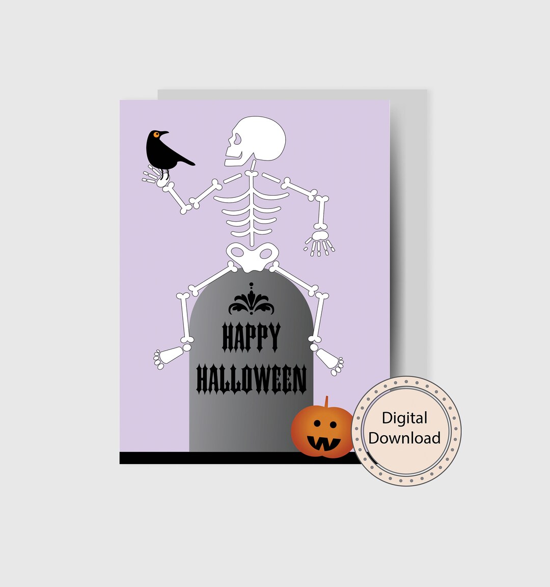 Skeleton on Tombstone Cute Happy Halloween Printable Card - Halloween ...