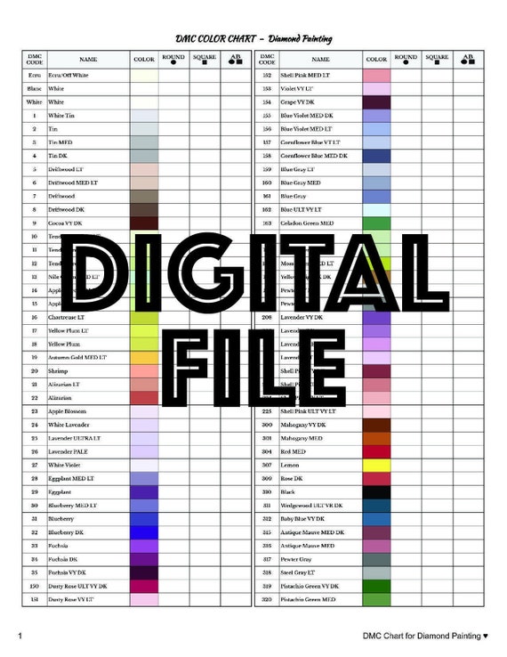 DMC Color Chart for Diamond Painting Drills square Round | Etsy