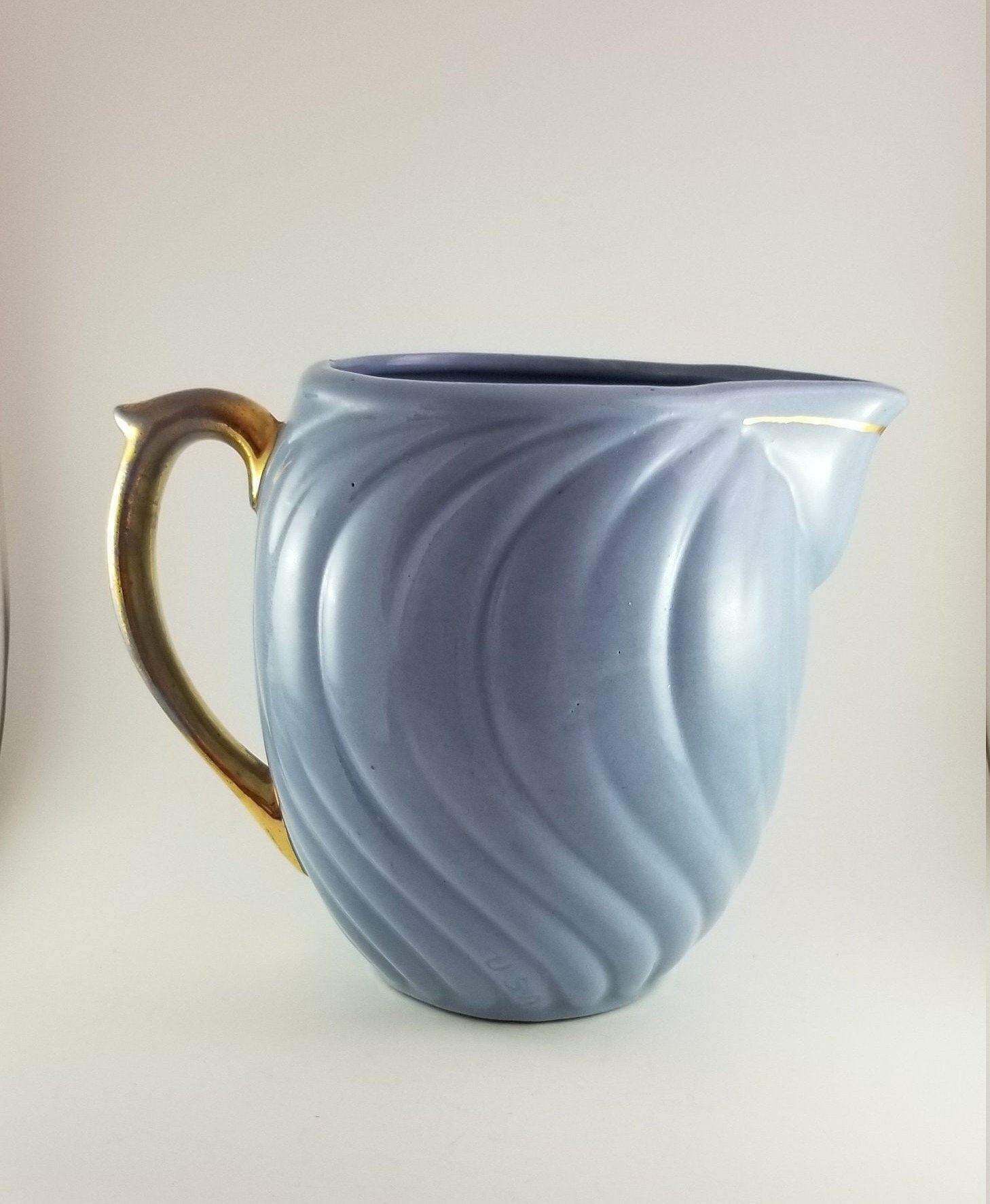 Vintage Blue Swirl Pitcher, Blue Pottery Pitcher, Vintage Gold Trimmed ...