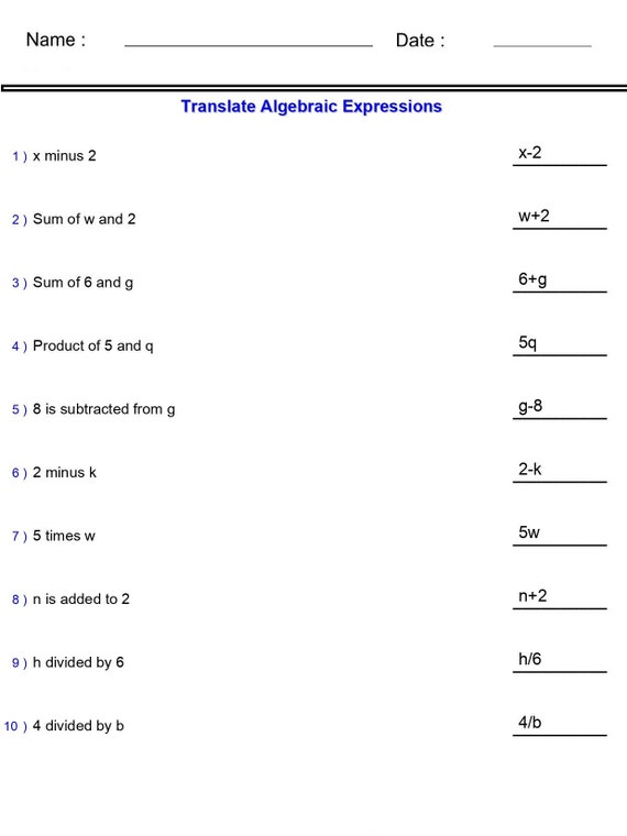 Algebraic Expressions Worksheets For 5th Grade