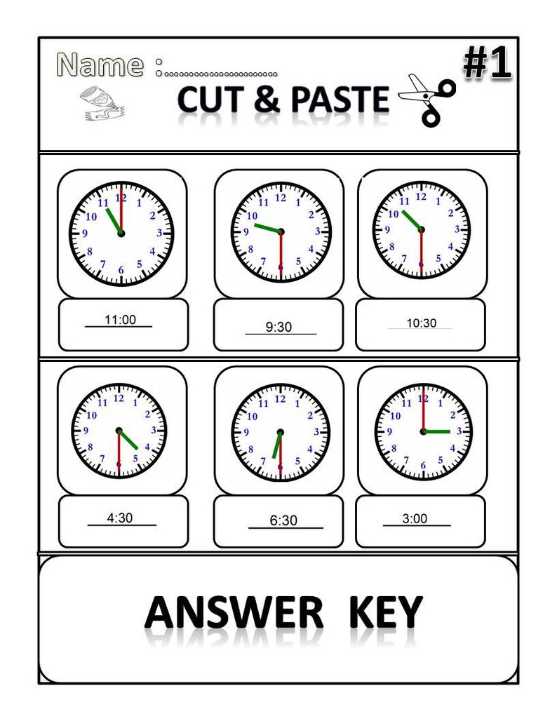 Telling the Time Cut and Paste One Hour and Half-hour for Kindergarten ...