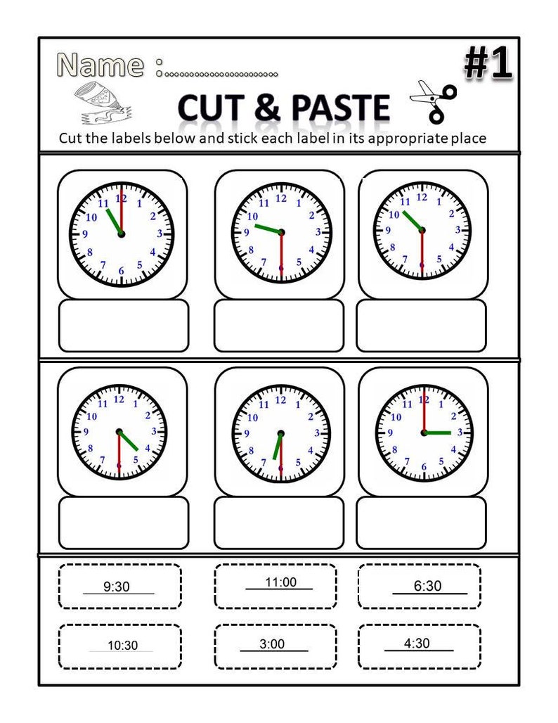 Telling the Time Cut and Paste One Hour and Half-hour for Kindergarten ...