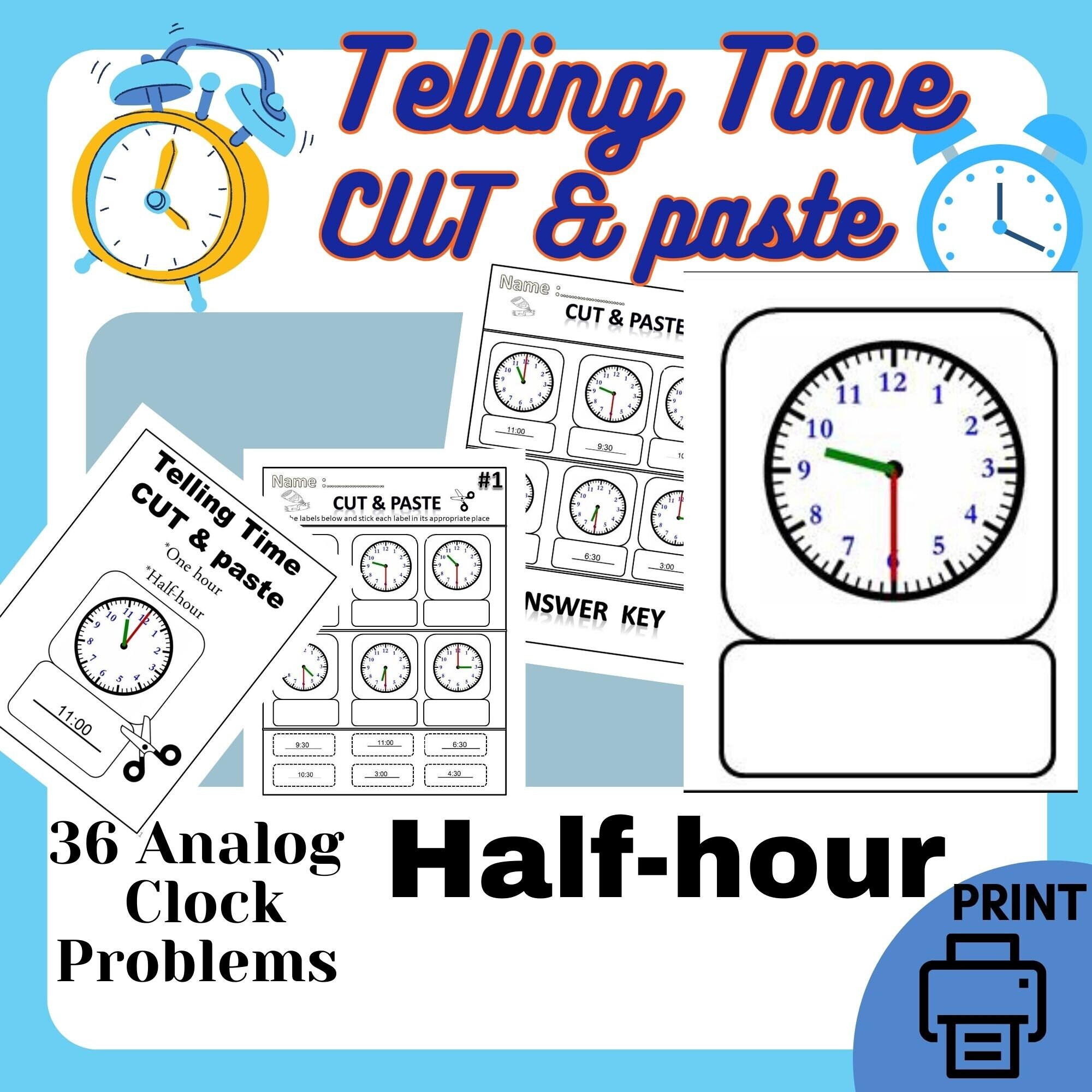 Telling the Time Cut and Paste One Hour and Half-hour for Kindergarten ...