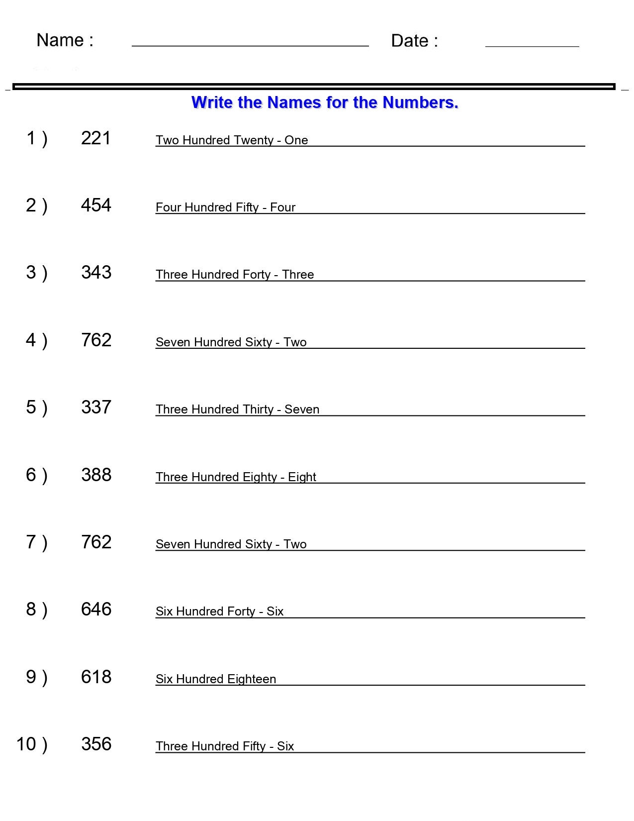 Place Value Worksheets Word Names for Numbers Worksheets 3 Digits 4 ...