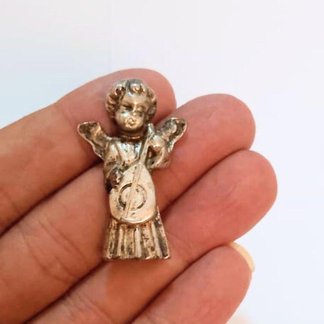 Ancient Bronze Baby Angel Statue – Cherub Playing Guitar – Antique Home ...