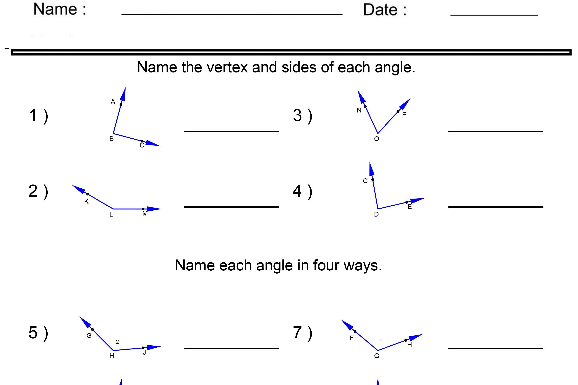 Naming Angles Worksheets , Name the Vertex and Sides of Each Angle for 4th 6th PDF 20 Pages ...