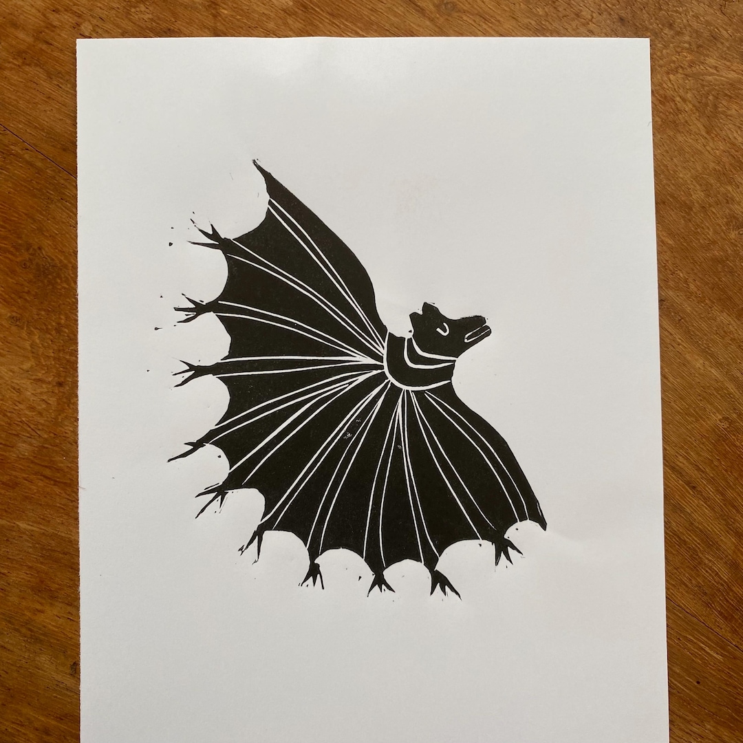 Medieval Manuscript Bat - Curious Creatures Mini Linocut Print A6 ...