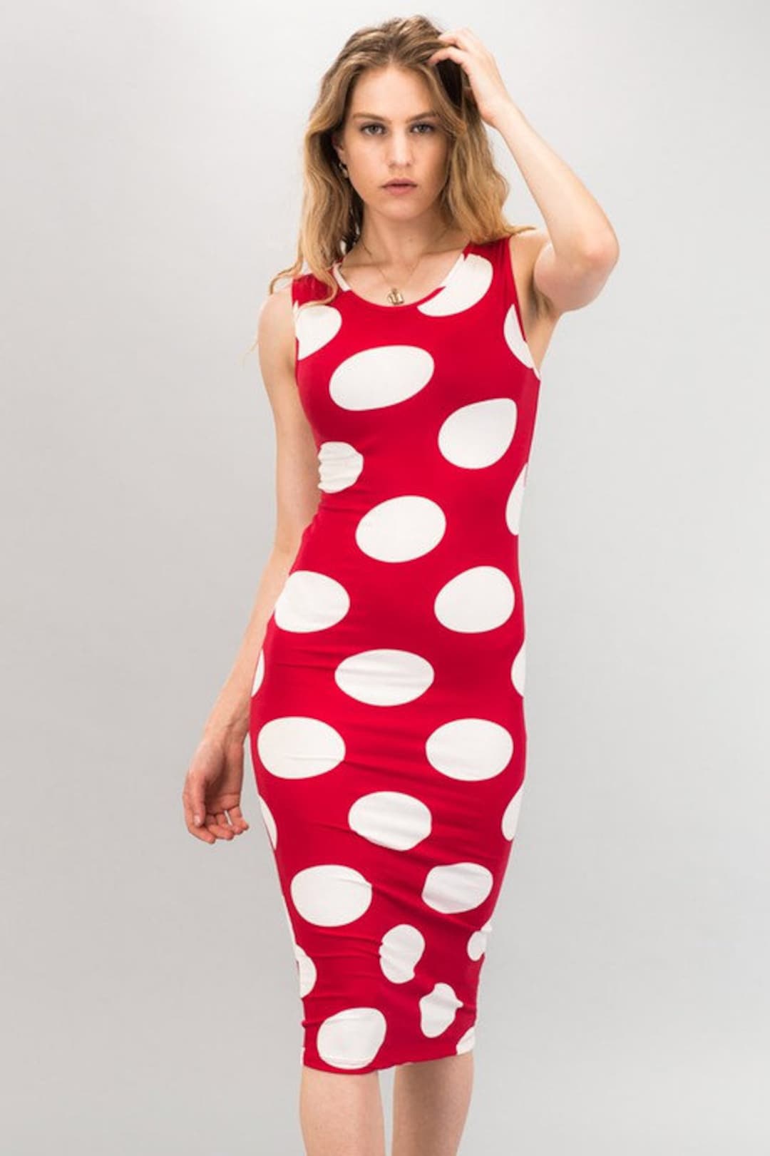 Tank Midi Dress Polka Dot Knee Length Bodycon Sleeveless Dress Etsy