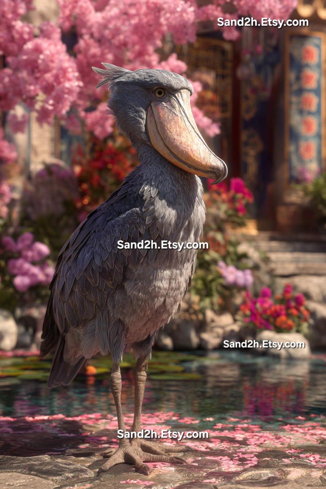 Shoebill Stork Digital Wall Art, Exotic Bird Print, Pink Blossom Decor ...