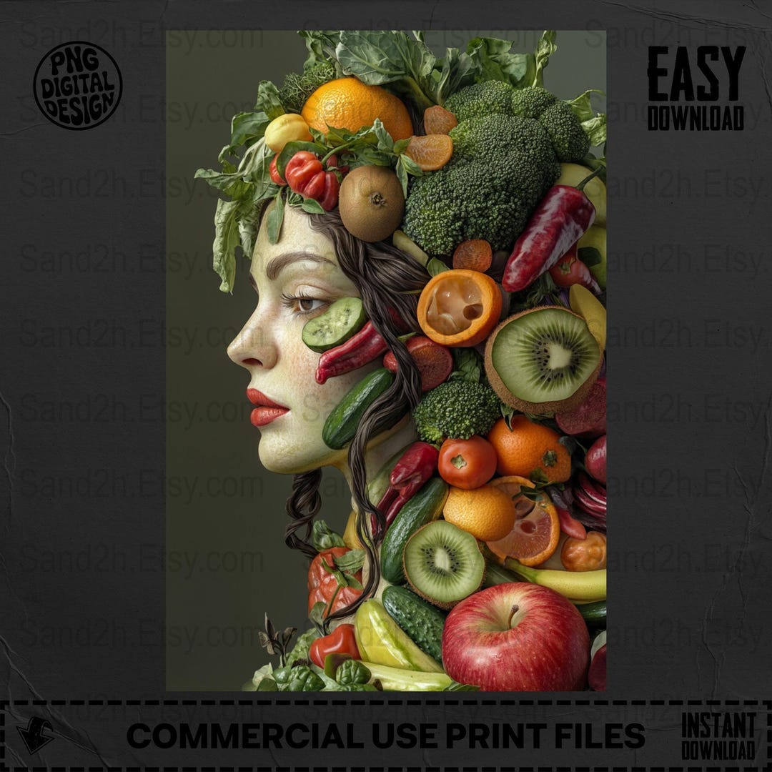 Fruit and Vegetable Woman Portrait Wall Art, Colorful Food Art Print ...