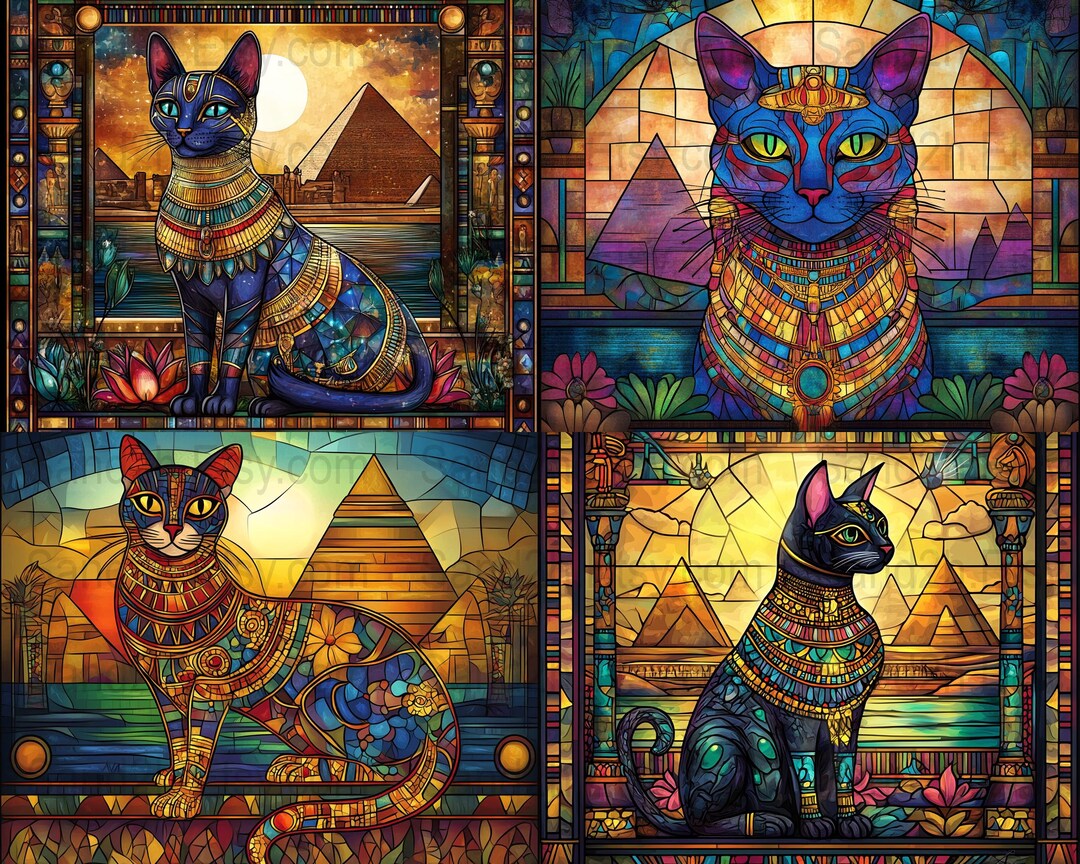4 Egyptian Cats Wall Art, Stained Glass Felines, Pyramid Deco, Ancient ...