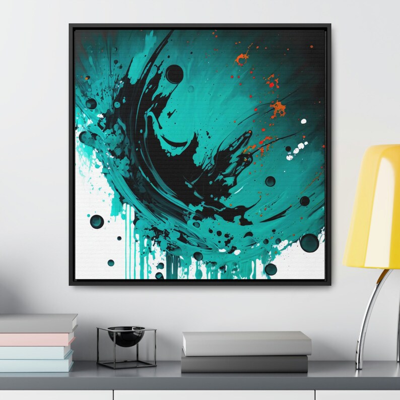 Teal and Black Abstract Art Gallery Canvas Wraps, Square Frame Teal ...