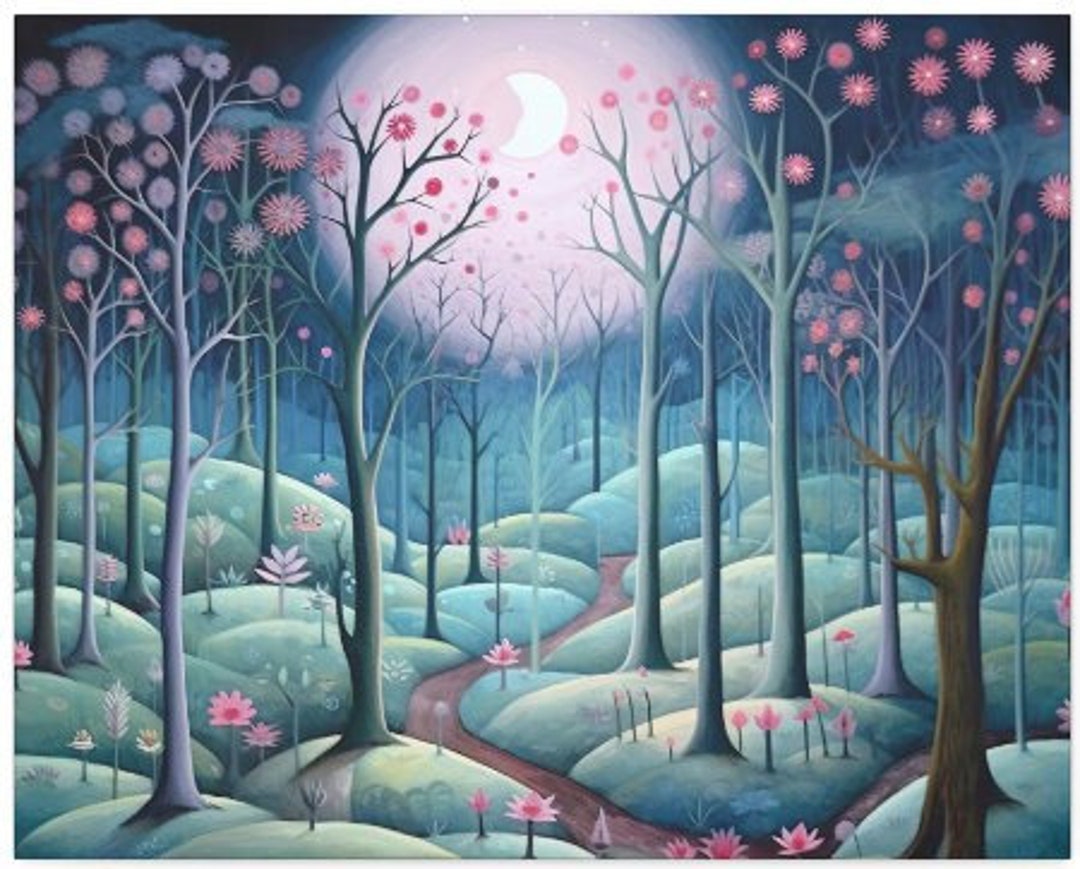 Enchanted Dreamscape Painting Forest at Night Art Mystical Pink Moon ...